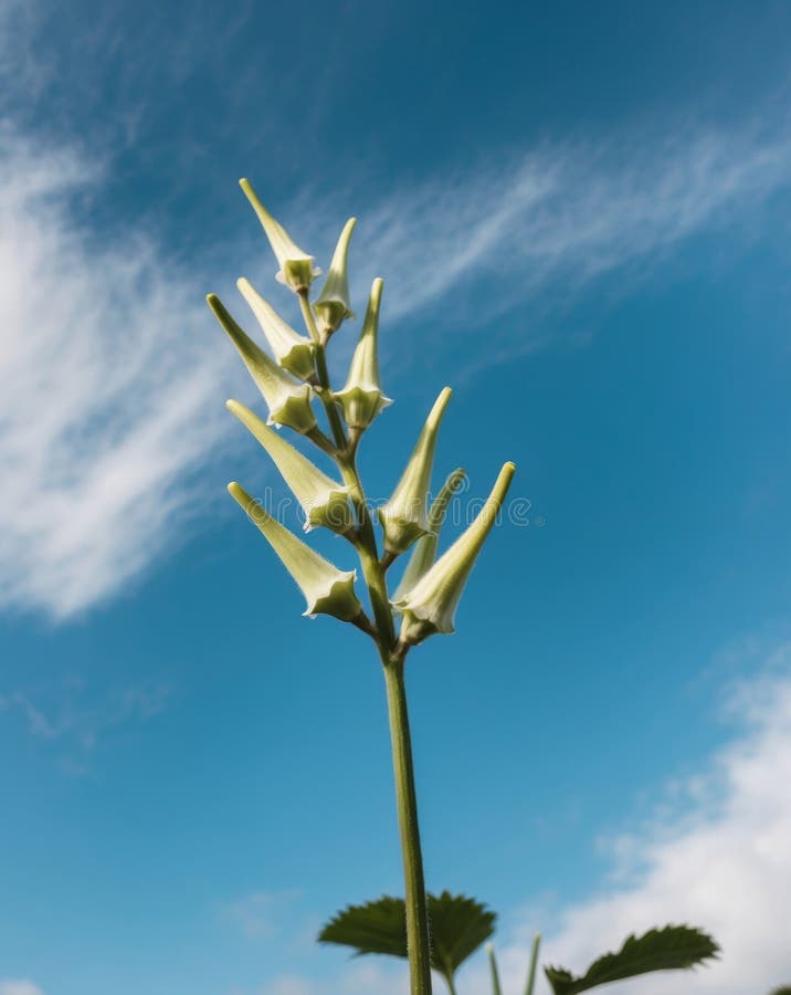 Lady Finger Flowers and the Blue Sky with Floated Clouds. Stock Image ...
