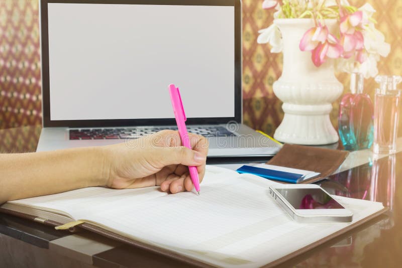Lady or Girl Hand and Pen Write Down on Blank Note Book with Empty ...