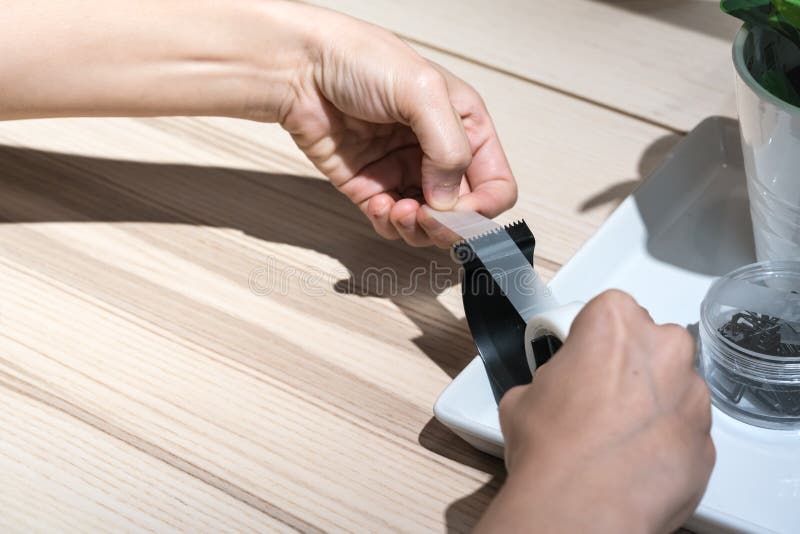 Lady Hands Pulling Scotch Tape from Scotch Tape Dispenser Stock Photo ...