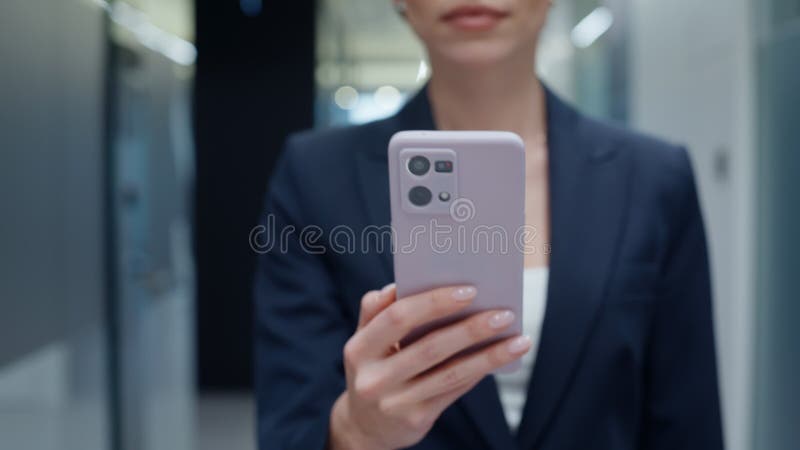 Lady Hands Using Smartphone Strolling Hall Closeup. Woman Watching ...