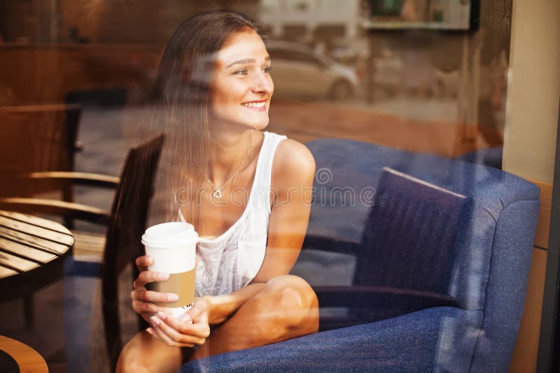 Lady Having Coffee or Tea at Cafe Stock Photo - Image of glass, calm ...