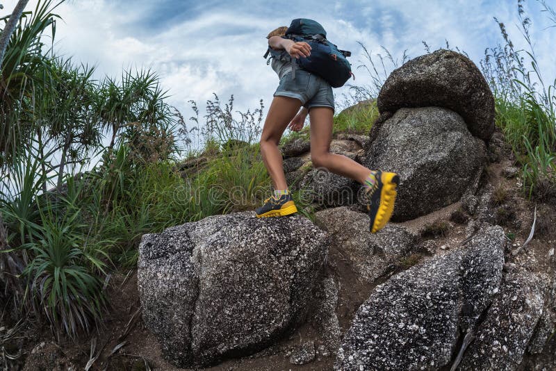 Lady hiker stock image. Image of hiking, journey, clouds - 76659455
