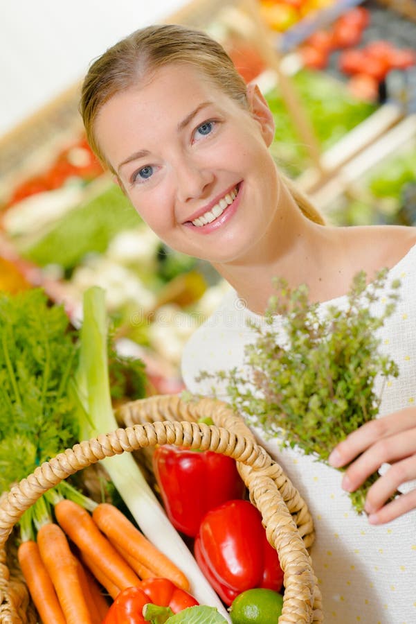 Lady Holding Herbs and Basket Vegetables Stock Photo - Image of beauty ...