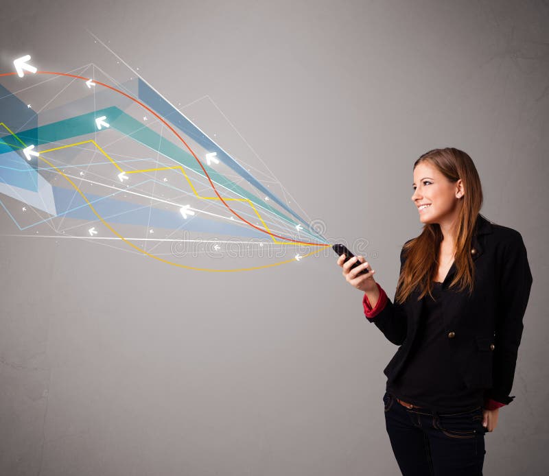 Lady Holding a Phone with Colorful Abstract Lines Stock Image - Image ...