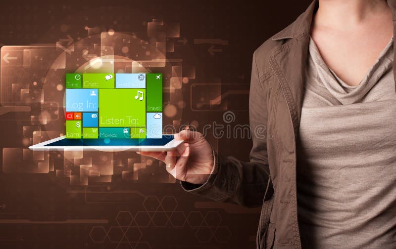 Lady Holding Tablet with Modern Software Operational System Stock Photo ...