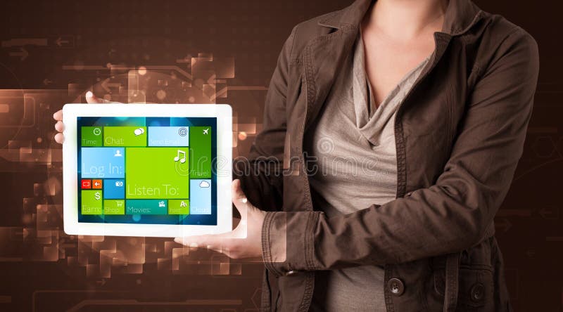 Lady Holding Tablet with Modern Software Operational System Stock Photo ...