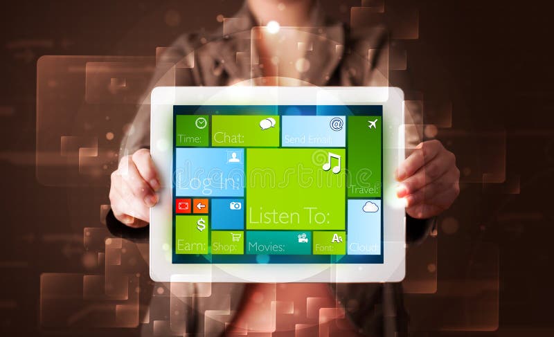 Lady Holding Tablet with Modern Software Operational System Stock Photo ...