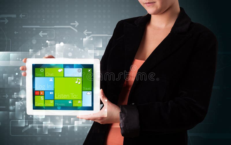 Lady Holding Tablet with Modern Software Operational System Stock Photo ...