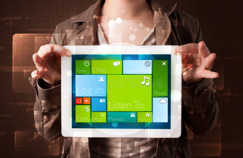Lady Holding Tablet with Modern Software Operational System Stock Photo ...