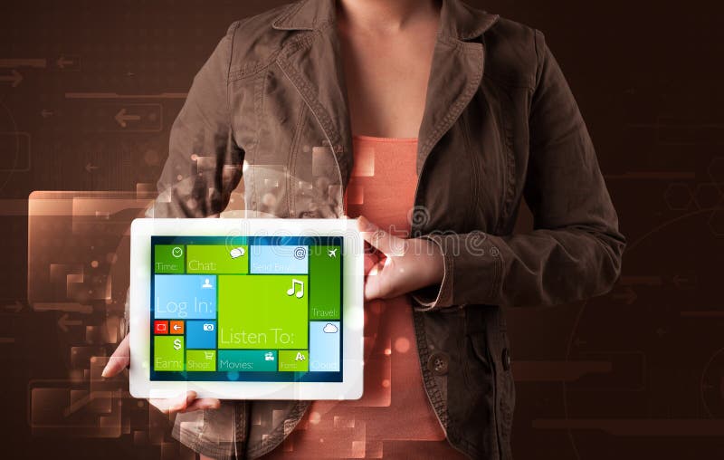 Lady Holding Tablet with Modern Software Stock Photo - Image of icon ...