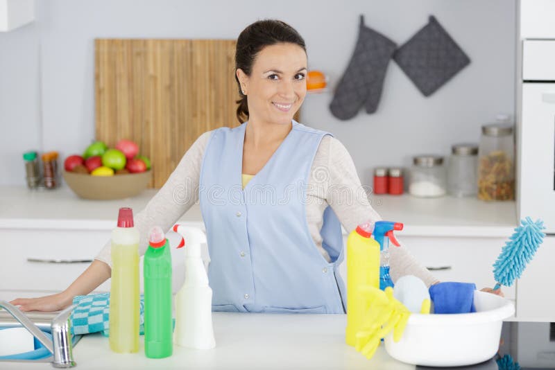 Lady in Kitchen with Various Cleaning Products Stock Image - Image of ...