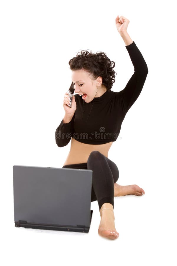 Lady with Laptop and Mobile Stock Image - Image of emotion, adult: 5230643