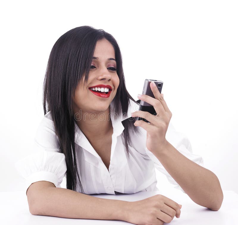 Lady looking at her mobile stock photo. Image of conversation - 6888810