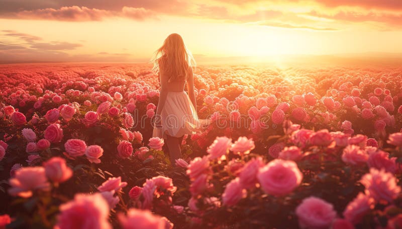 A Lady in the Middle of a Pink Rose Field at Sunset, in the Style of ...