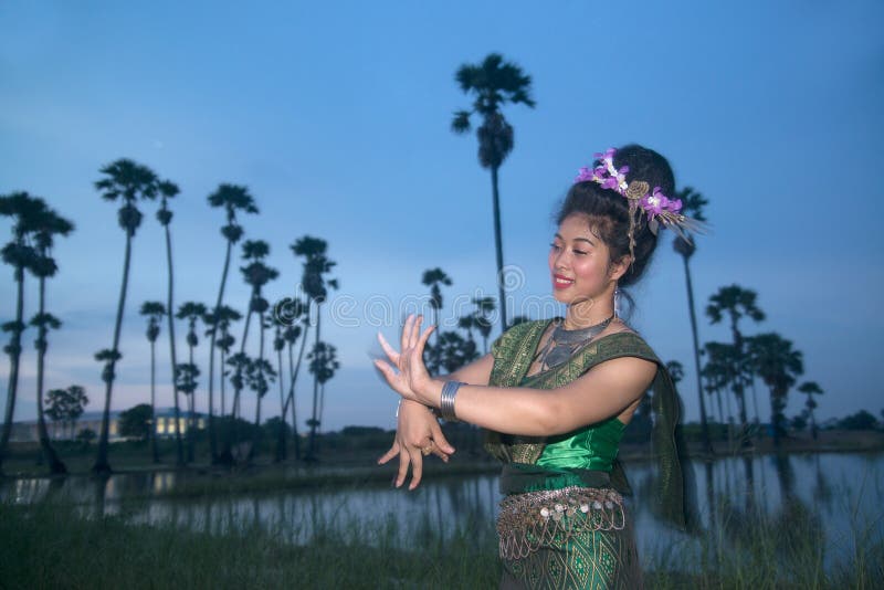 The Lady in Middle Thai Classical Dancing Suit is Showing Pattern of ...
