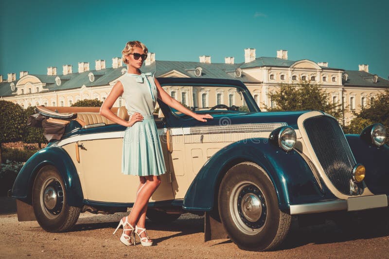 Lady near classic car stock image. Image of fashion, ride - 58371963
