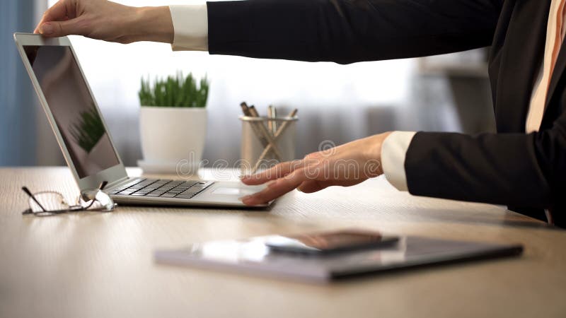 Lady Opening Laptop Computer and Preparing for Work, Modern ...