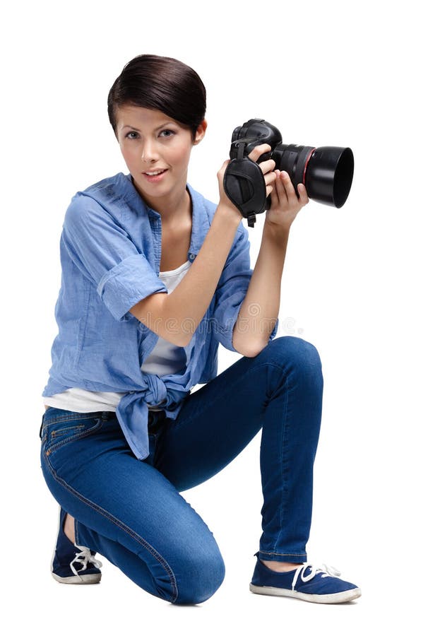 Lady-photographer Takes Pictures Stock Photo - Image of brown, blue ... Lady-photographer Takes Pictures Stock Photo - Image of brown, blue ...