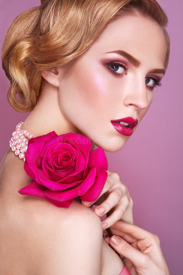 Lady with pink rose. stock image. Image of passion, care - 43207973