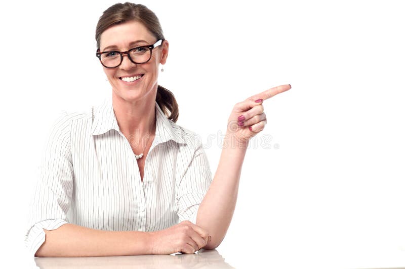 Lady Shows Pointing Hand Gesture Stock Photo - Image of caucasian ...