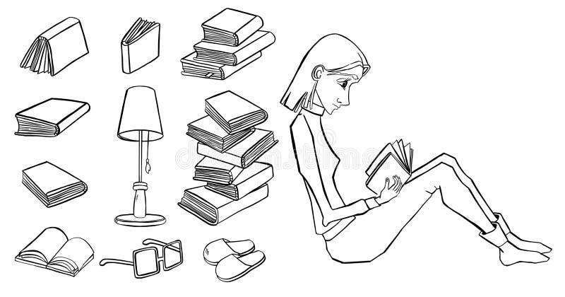 Lady Reading with Lamp and Books Stock Illustration - Illustration of ...