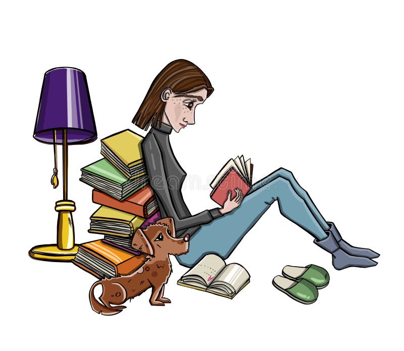 Lady Reading with Lamp and Books Stock Illustration - Illustration of ...