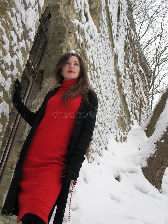Lady in red stock image. Image of wall, fashion, stone - 12886773