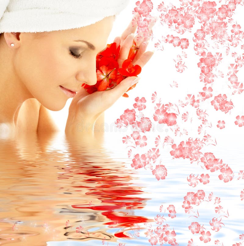 Lady with Red Petals in Water Stock Photo - Image of girl, face: 1528198