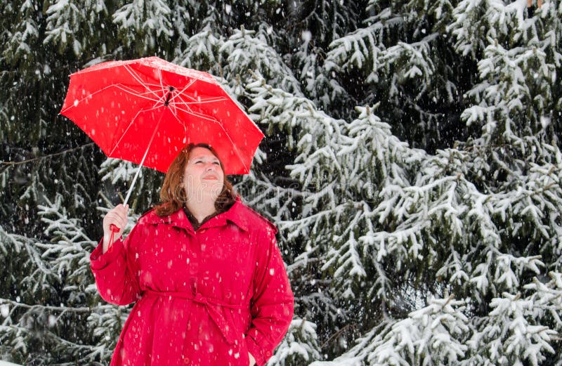 Lady in Red in a White Winter Land Stock Image - Image of horizontal ...