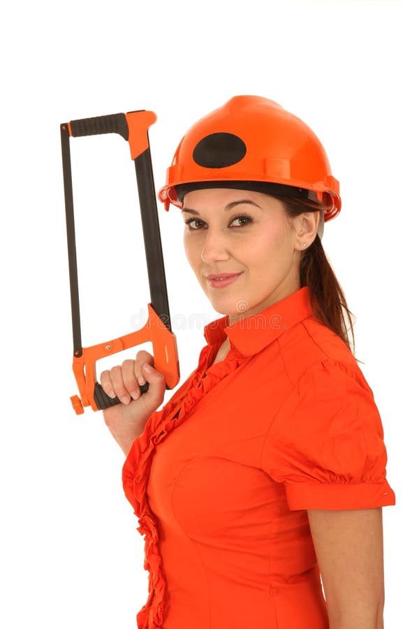 Lady with Saw and Hard Hat stock photo. Image of girl - 15042284