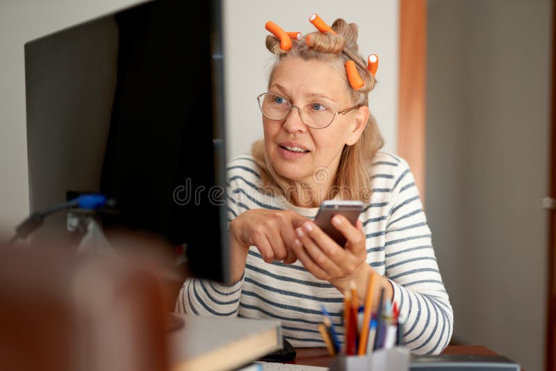 Lady Searching Information on Internet or Communicating Online Stock ...