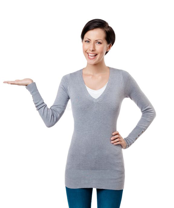 Lady Shows Pointing Hand Gesture Stock Photo - Image of caucasian ...