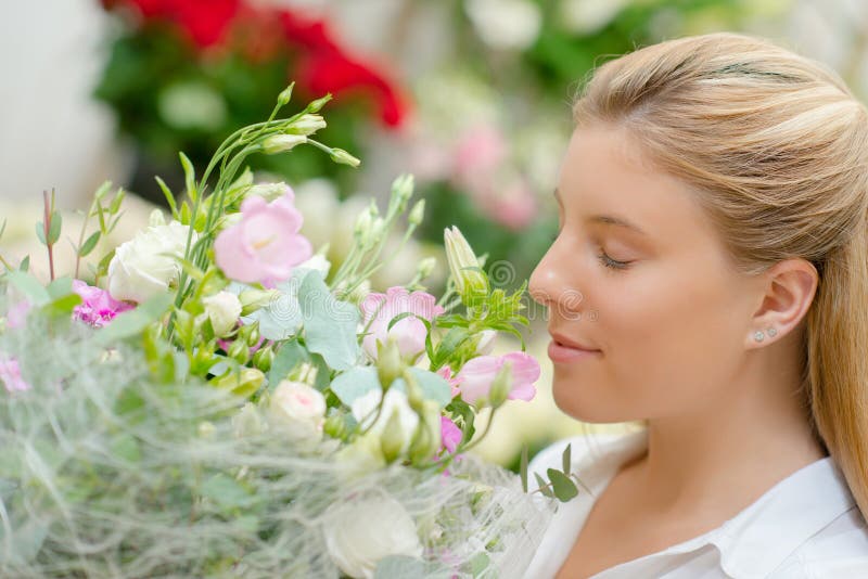 Lady Smelling Bouquet Flowers Stock Image - Image of flowers, purity ...