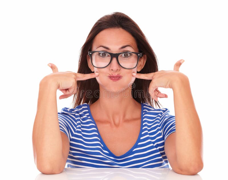 Lady with Spectacles Making a Funny Face Stock Photo - Image of blue ...