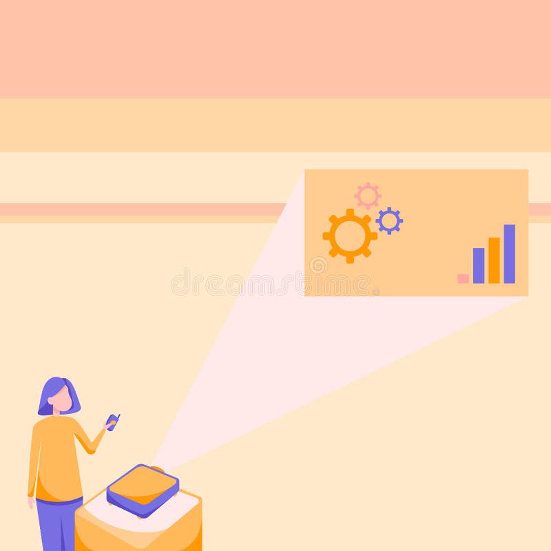 Lady Drawing Standing Holding Projector Remote Control Presenting Graph ...