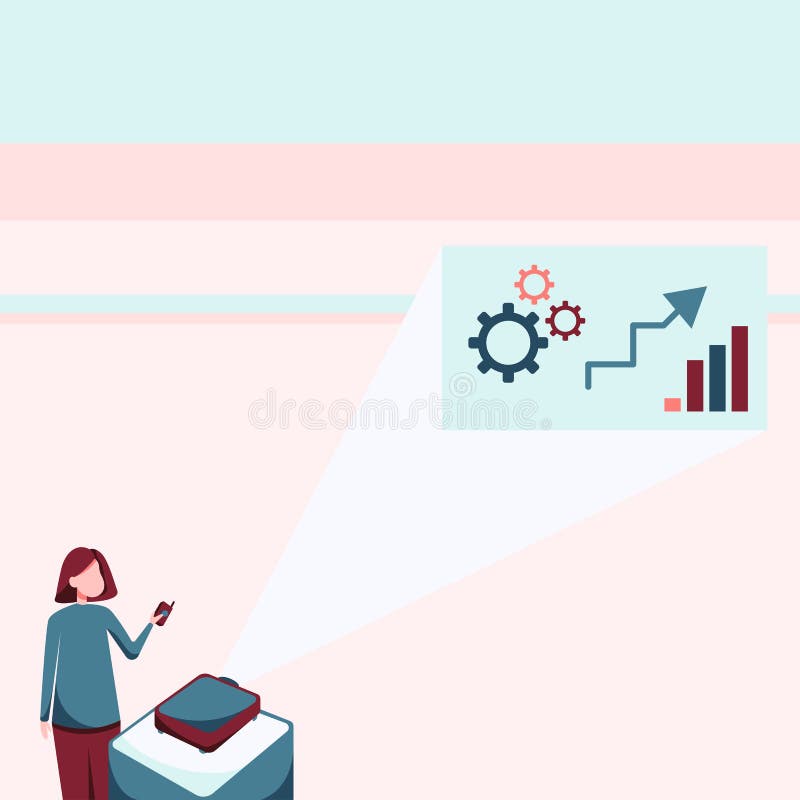 Lady Drawing Standing Holding Projector Remote Control Presenting Graph ...