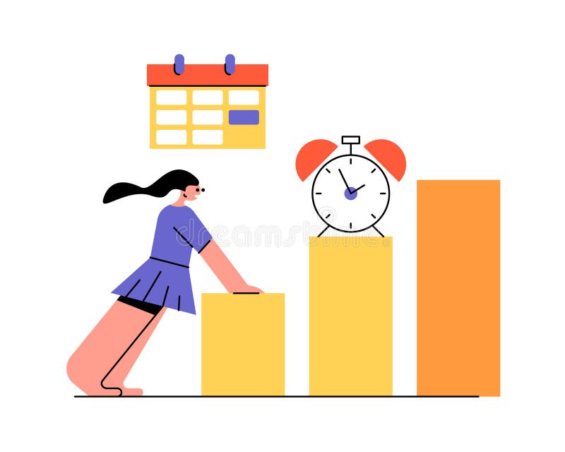 Lady Standing Near Diagram and Clock, Doing Different Tasks and ...