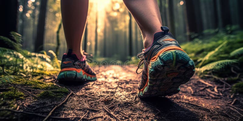 Lady Trail Runner on a Forest Path Close-up of Her Trail Running Shoes ...