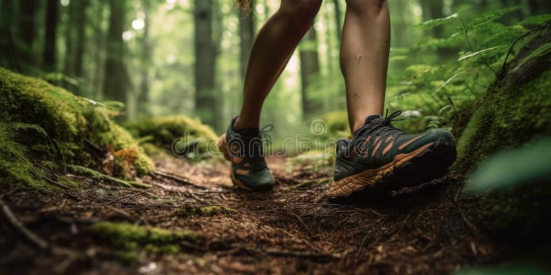A Lady Trail Runner on a Forest Path with a Close-up of Her Trail ...