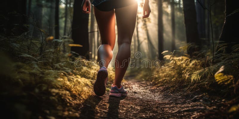 Lady Trail Runner on Forest Path with Close Up of Legs. Generative AI ...