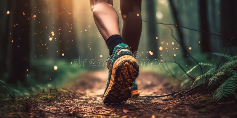 Lady Trail Runner on Forest Path with Close Up of Legs. Generative AI ...