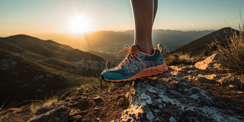 Lady Trail Runner on Mountain Path with Close Up of Trail Running Shoes ...