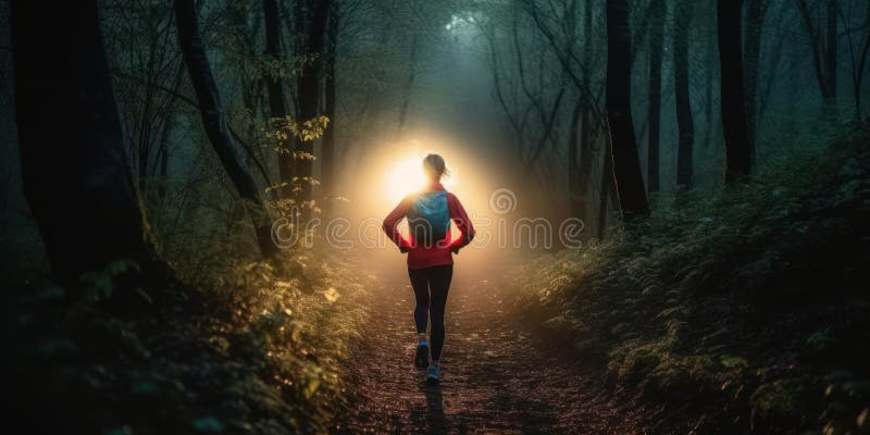 Lady Trail Runner Running on Forest Path at Dawn with Abstract Bokeh ...