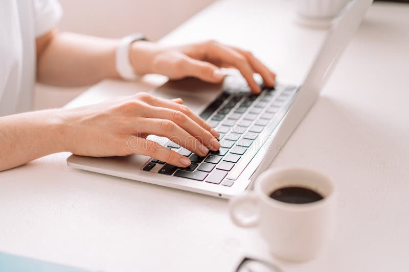 Lady Typing on Laptop Keyboard at Table with Cup of Coffee Stock Photo ...