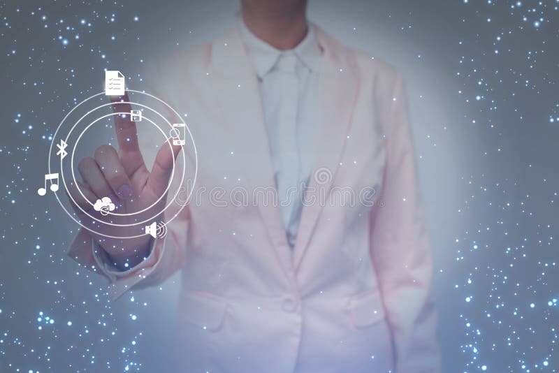 Lady in Uniform Holding Tablet in Hand Virtually Tapping Futuristic ...