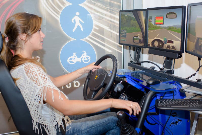 Lady Using Driving Simulator Stock Photo - Image of internet, travel ...