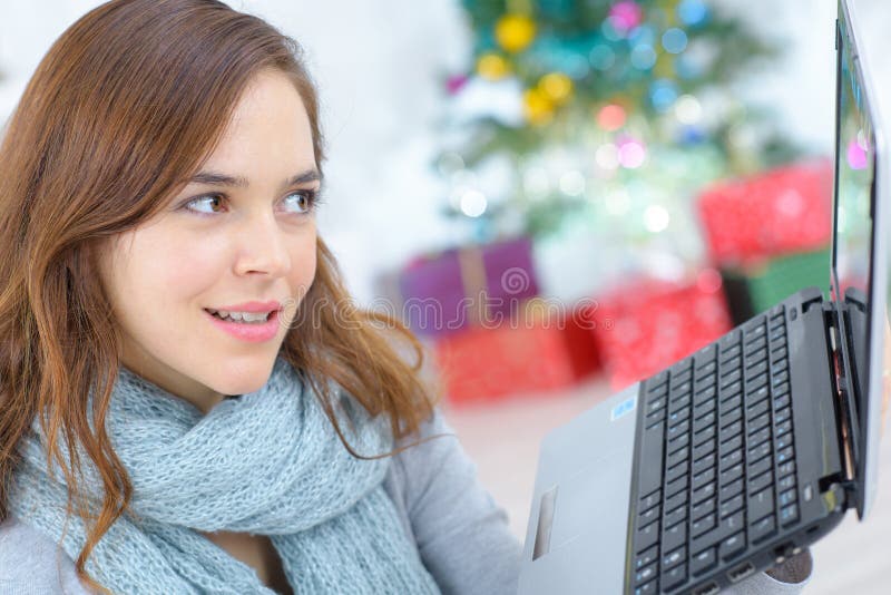 Lady Using Laptop at Christmas Stock Photo - Image of comfort ...