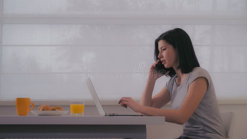 Lady Using Smartphone and Pc in Flat. Stock Image - Image of kitchen ...