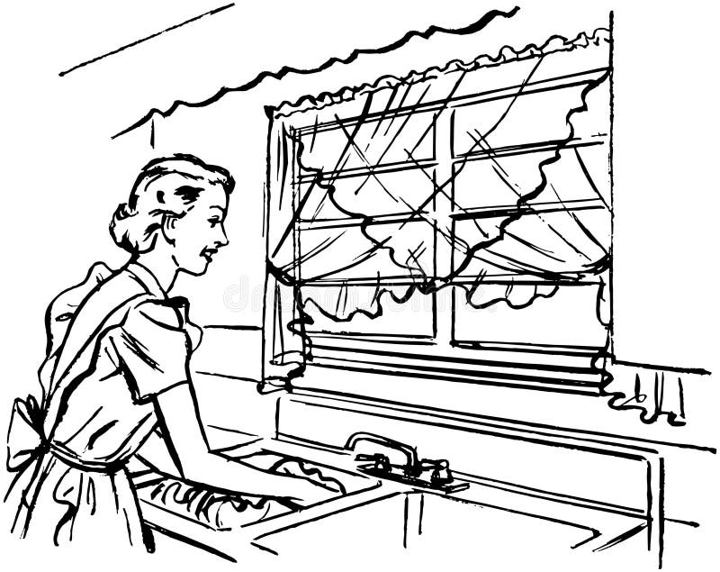 Lady Washing Dishes stock vector. Illustration of fifties - 42096742