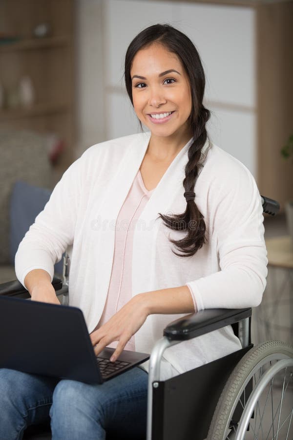 Lady in Wheelchair Using Laptop Stock Image - Image of expression ...